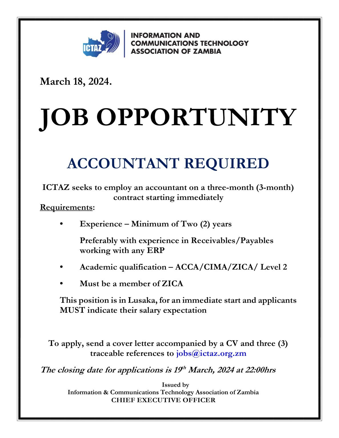 JOB OPPORTUNITY : ACCOUNTANT REQUIRED – ICTAZ
